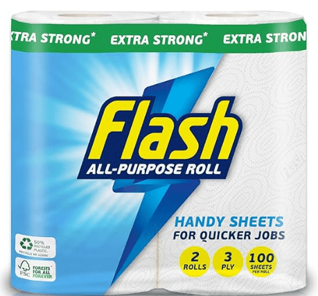 Flash Kitchen Roll 100 Sheets Per Roll - 3Ply Sheets - Twin Pack(s ...